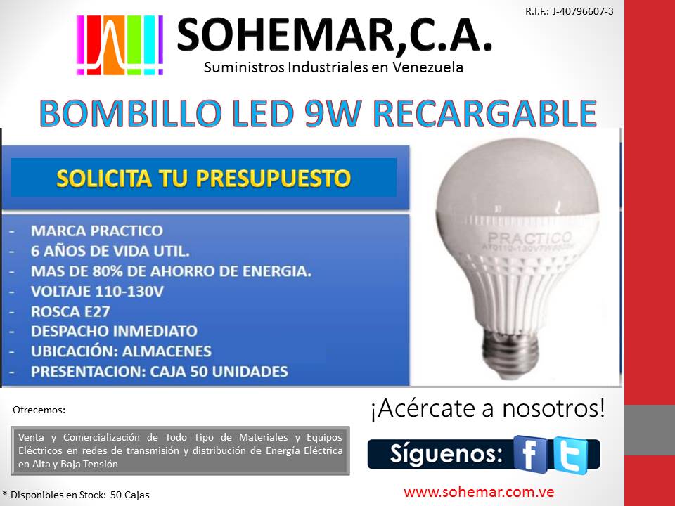 SOHEMAR CA: BOMBILLO LED 9W RECARGABLE DURACION 2 HORAS SIN ENERGIA ...