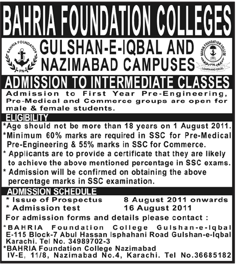 Admission in Pakistan: Bahria Foundation Colleges Karachi Admission