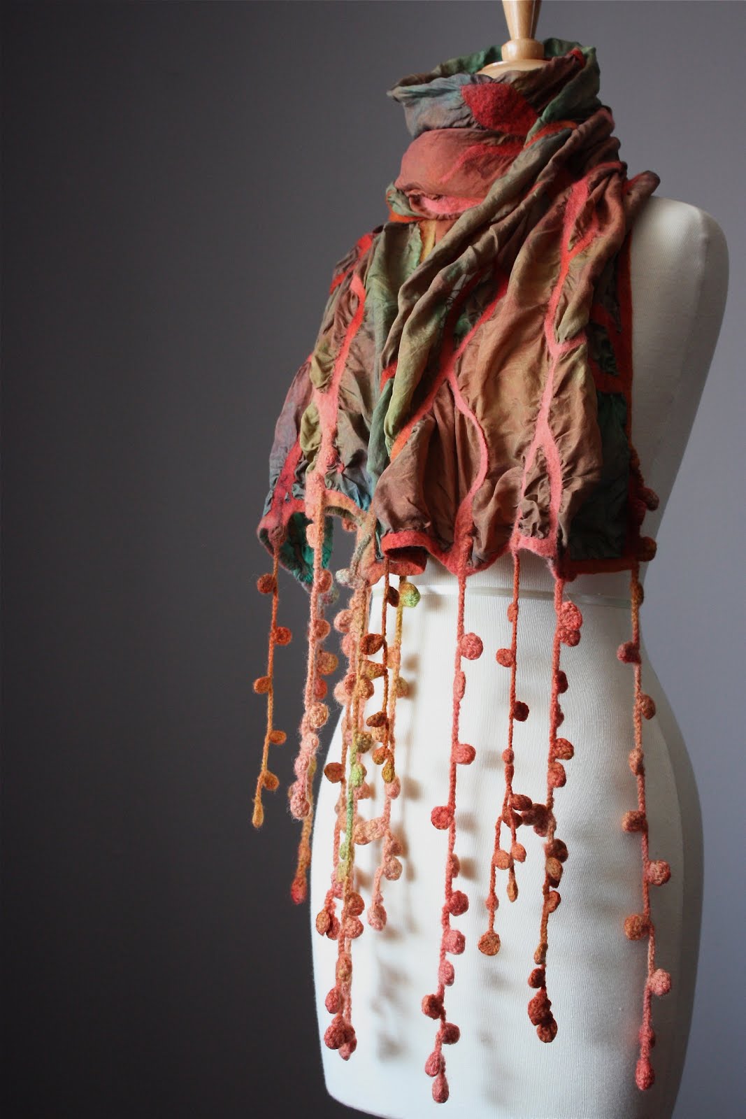 Laboratory of Fashion: Nuno felted scarf with crochet fringe rust moss