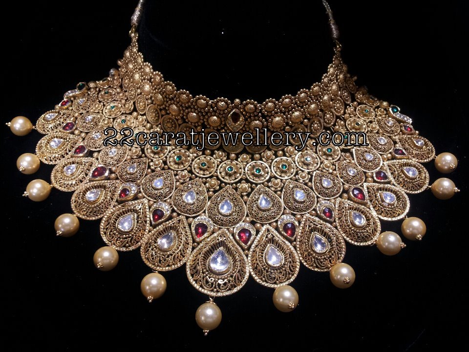 Antique Finish Heavy Choker with South Sea Pearls - Jewellery Designs