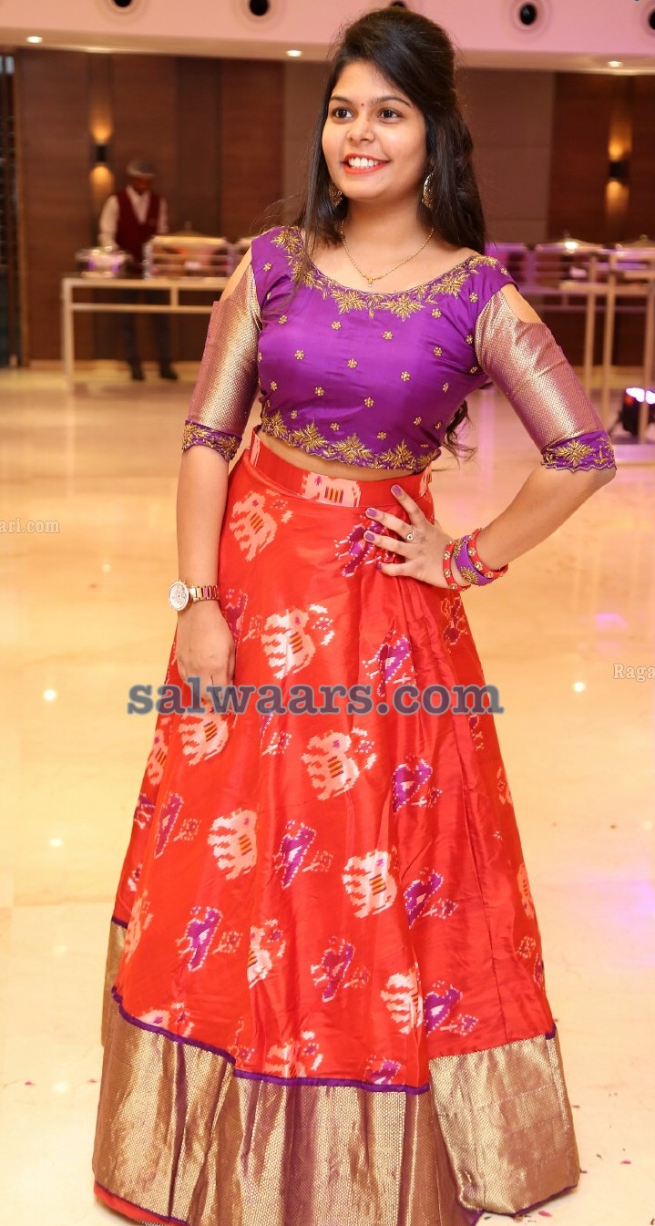 Gorgeous Girl in Orange Purple Ikkat Crop Top - Indian Dresses