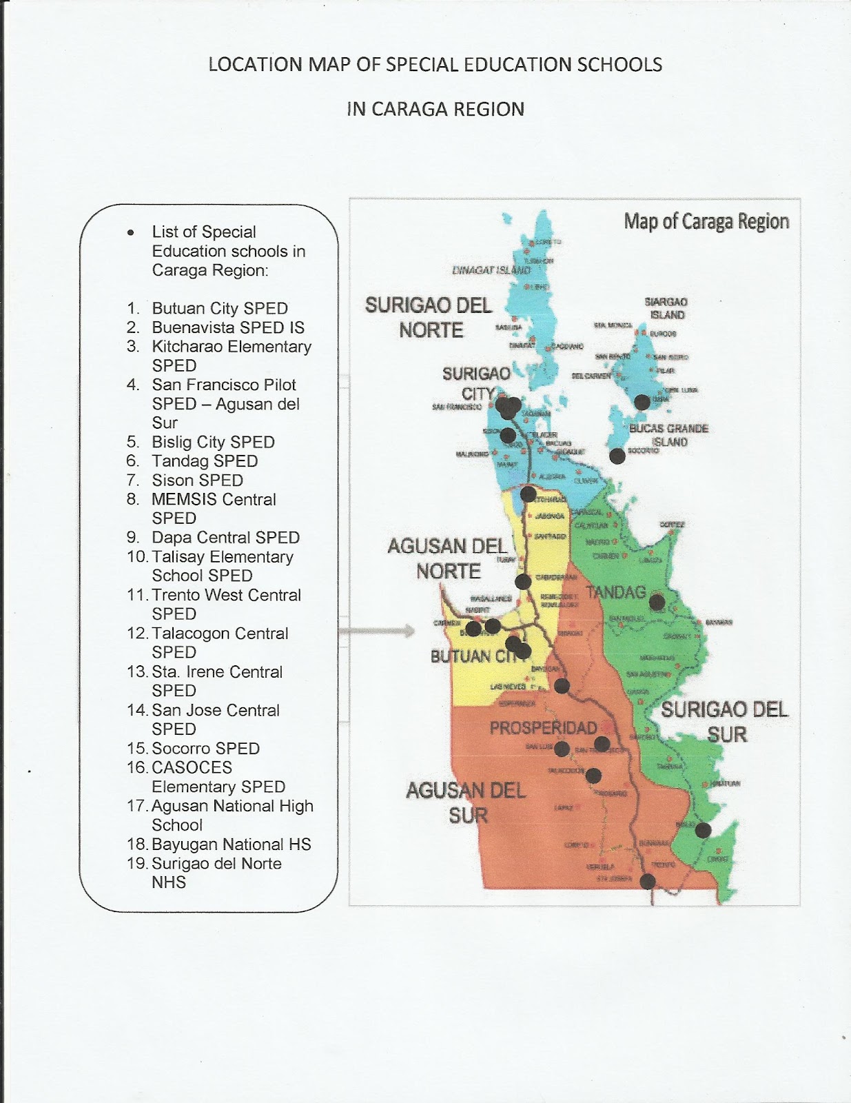 sped 506: Location map of SPED schools in CARAGA Region
