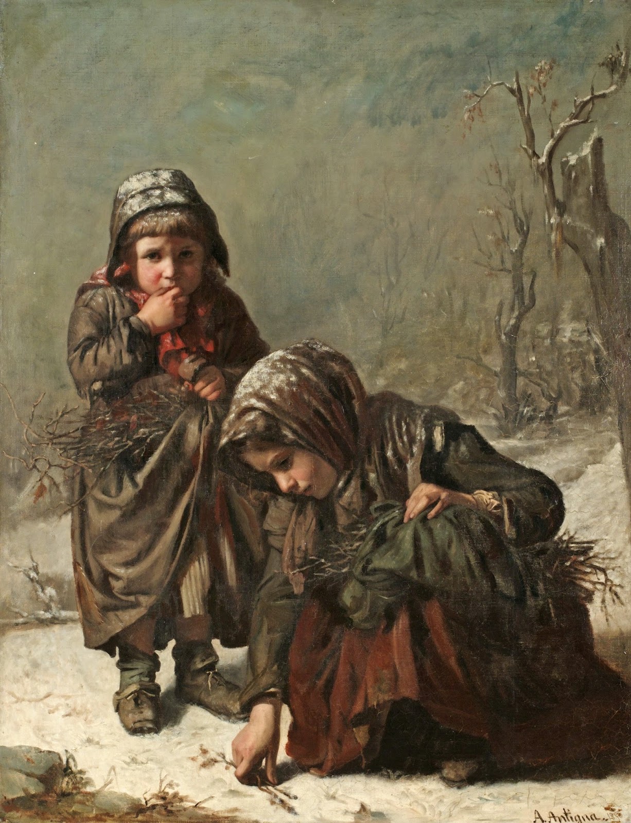 Peinture Française du 19ème Siècle: Gathering Sticks (1850)