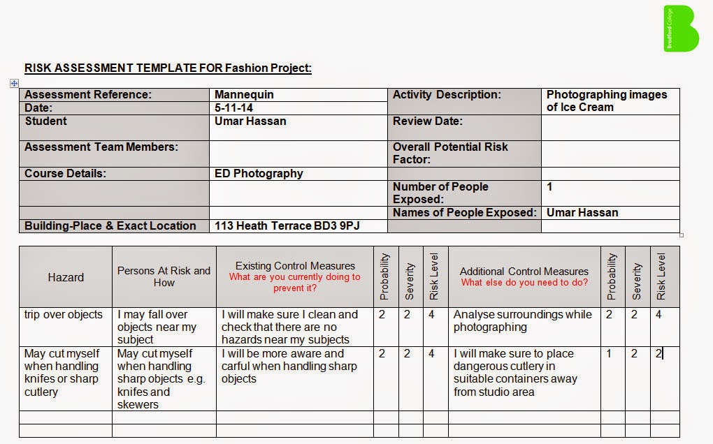Umar's Photography Blog : Second Photoshoot Risk Assessment form Unit - 8