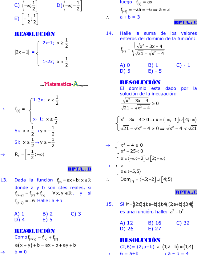 FUNCIONES 20 EJERCICIOS DESARROLLADOS ~ MATEMATICAS PROBLEMAS RESUELTOS