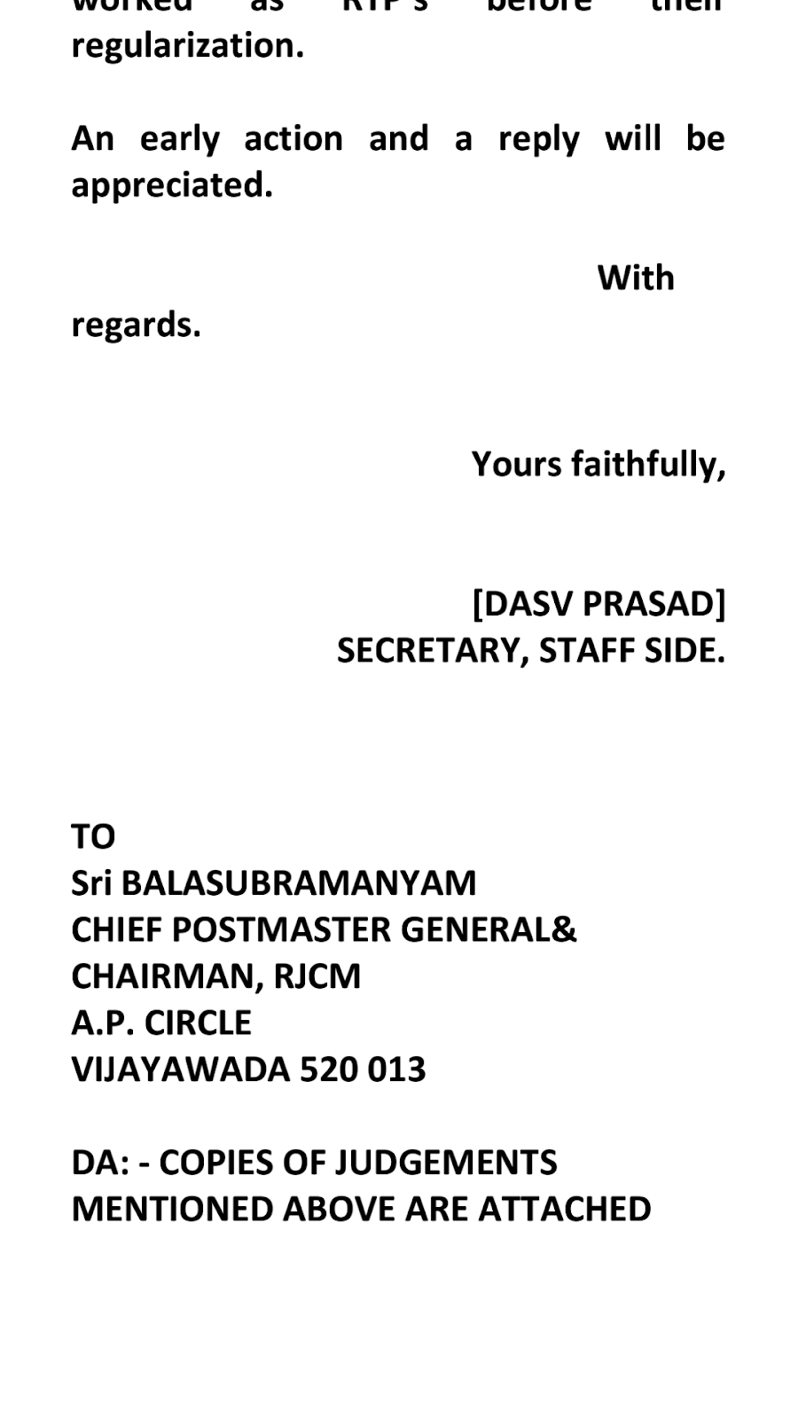 ALL INDIA POSTAL EMPLOYEES UNION GROUP 'C' Andhra Pradesh Circle : Letter to RJCM on RTP issue