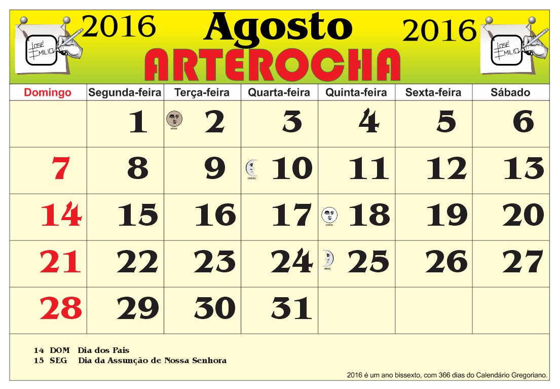 ARTEROCHA: CALENDÁRIO MES DE AGOSTO 2016