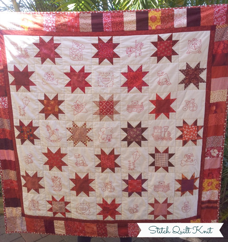stitch quilt knit: Redwork stitchery star quilt