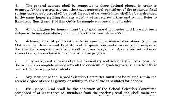DepEd Memos, Orders & Results: Guidelines on the Selection of Honor ...