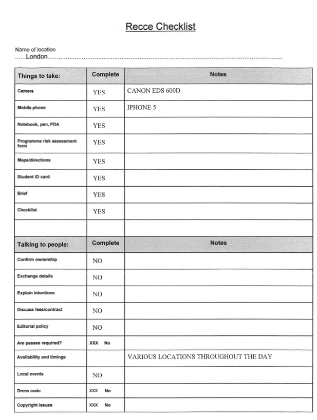 Recce Checklist | 50191451 - Ashley John Hodges - Level 3 TV and Film ...