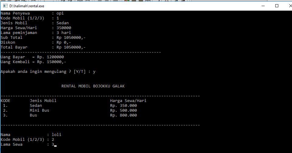 program dev c++: Program C++ Sewa Mobil