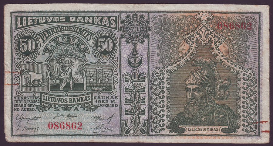 Lithuania money Litas 50 Litu banknote of 1922 Gediminas Grand Duke of ...