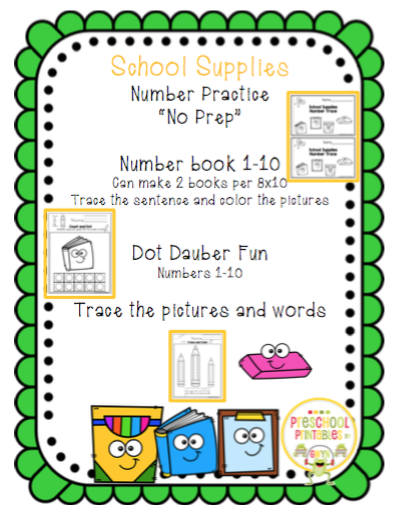 School Supplies Number Practice "No Prep" ~ Preschool Printables