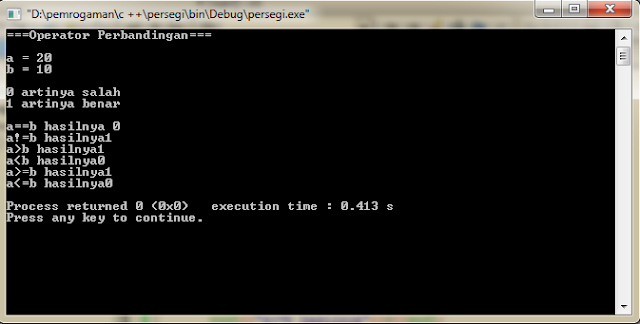 Contoh code c++ pada program operator perbandingan dengan CODEBLOCKS