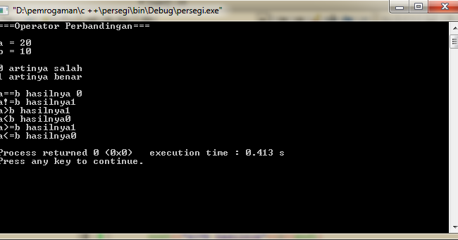 Contoh code c++ pada program operator perbandingan dengan CODEBLOCKS