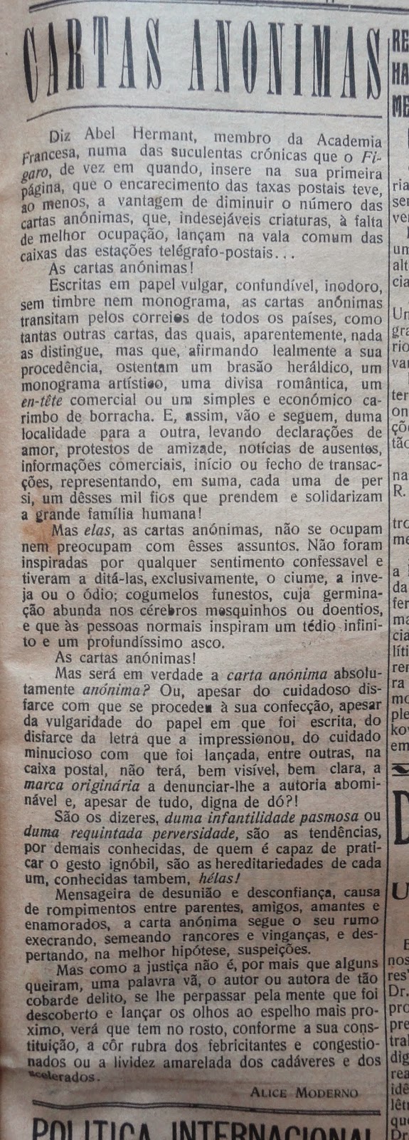 Alice Moderno: Cartas anónimas