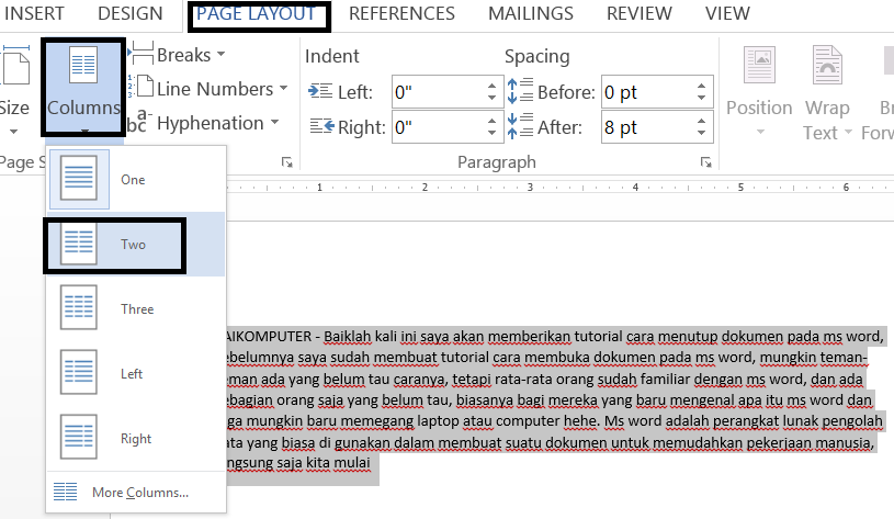 Cara membuat kolom (columns) di ms word - Ilmu Komputer dan Tutorial