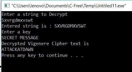 All C Programs: Program 231: Decryption of Viginere Cipher using C