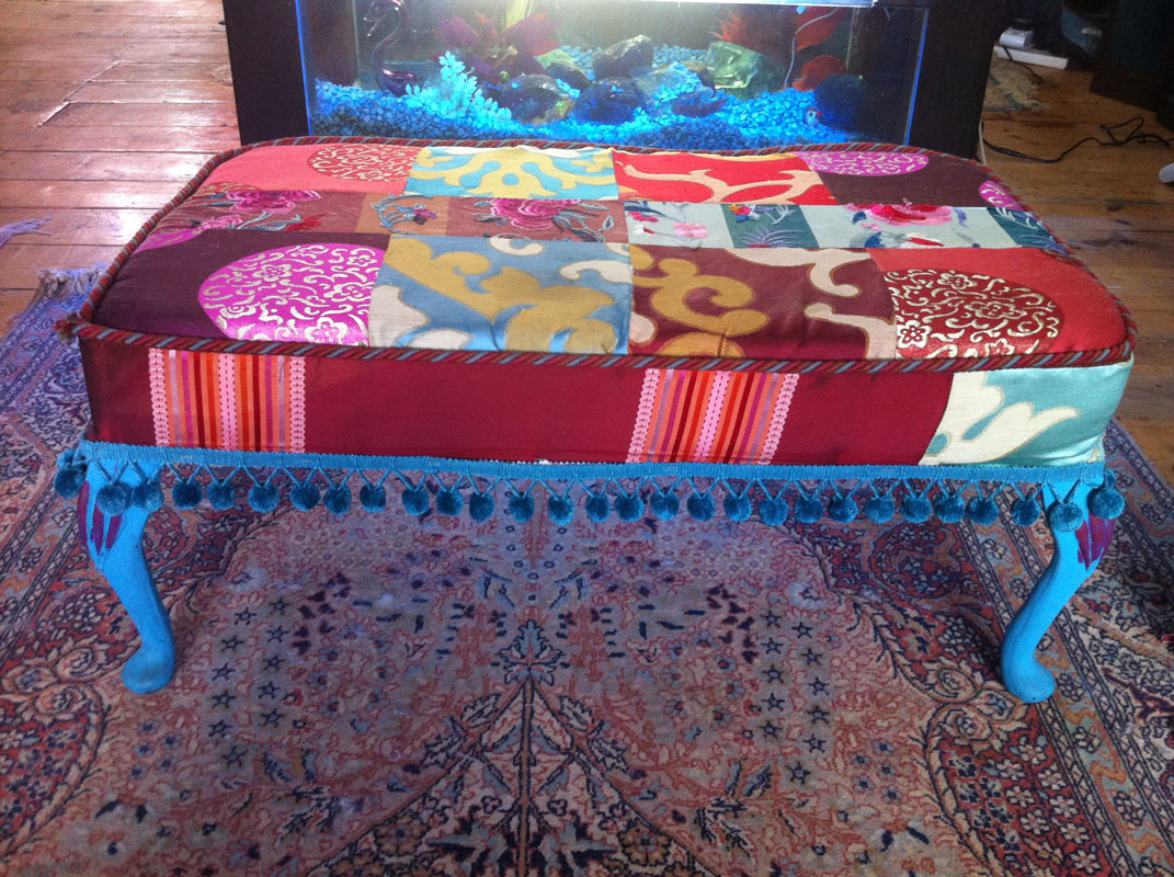 jean gibson: patchwork queen: How to reupholster a foot stool in patchwork