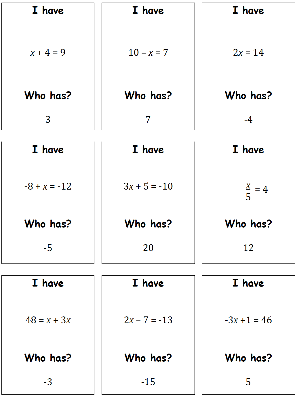 Engaging Math: I Have, Who Has - Equations