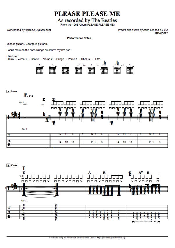 Guitar Tabs: Tabs and Song Sheet For: Please Please Me by The Beatles