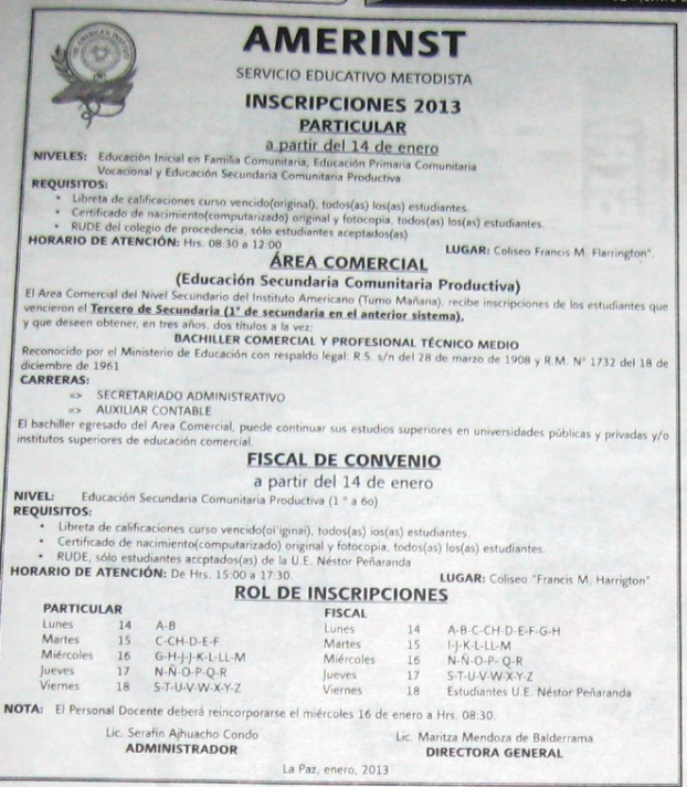 Inscripciones AMERINST | Colegios y Escuelas de Bolivia