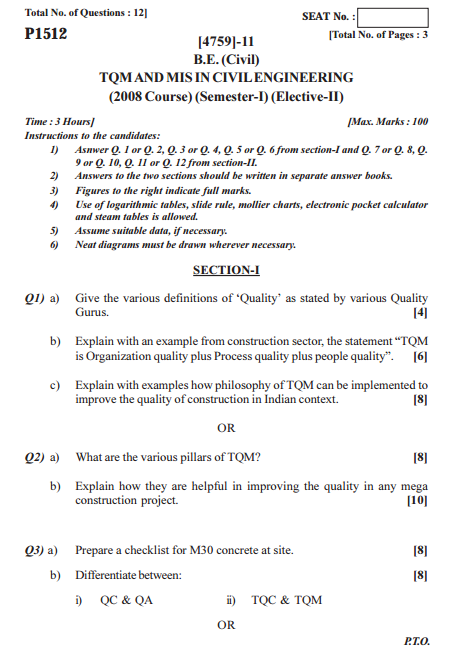 TQM AND MIS IN CIVIL ENGINEERING Pune University BE Civil April 2015 ...