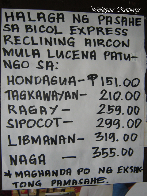 .: PNR Lucena station fare matrix