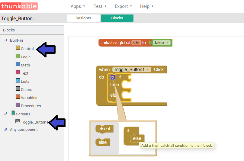 Tutor dos Nerds: Como utilizar o elemento toggle button no Thunkable/app Inventors