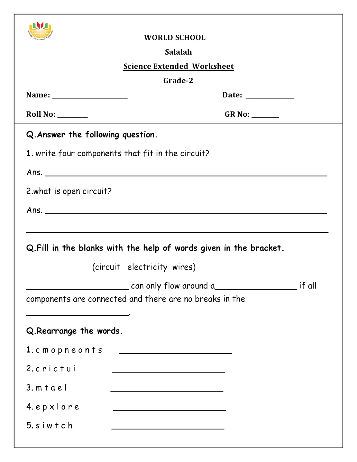 Birla World School Oman: Homework for Grade 2 as on 09/11/2017