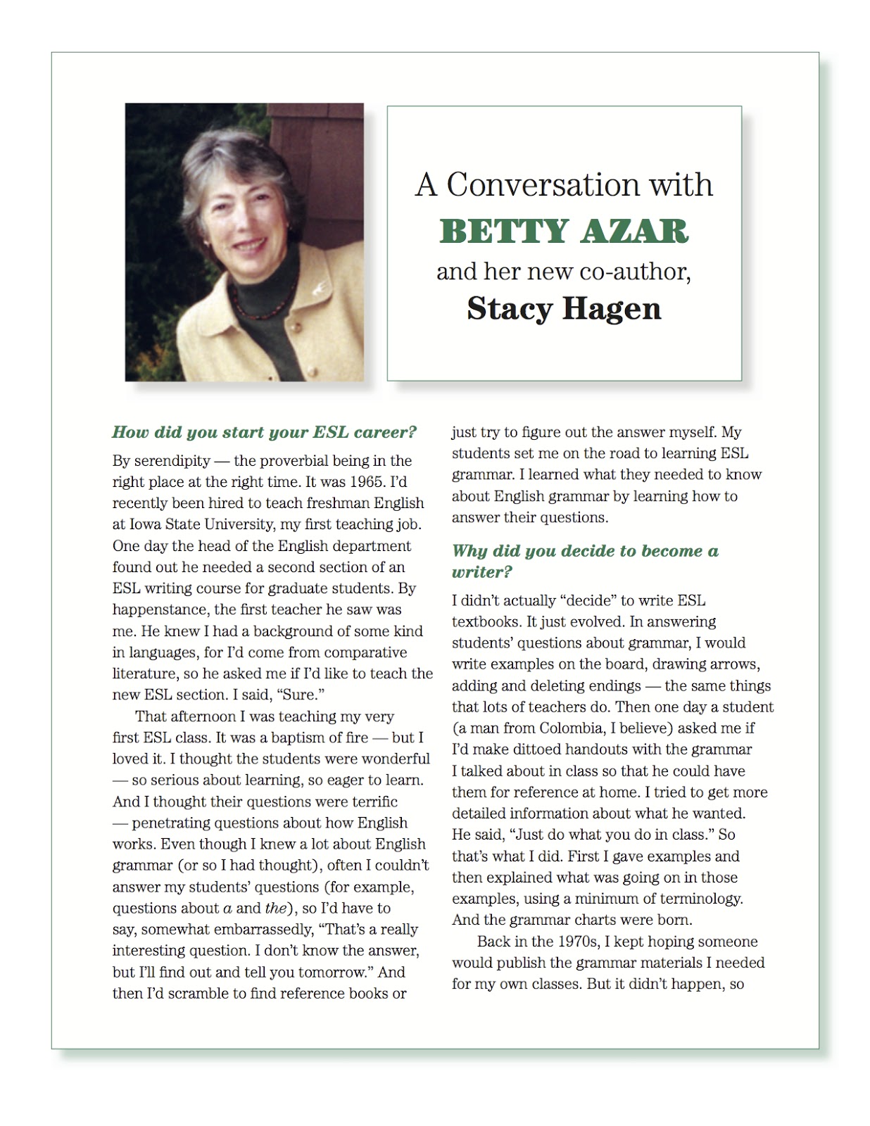 TESOL: A Conversation with Betty Azar and her new co-author, Stacy Hagen