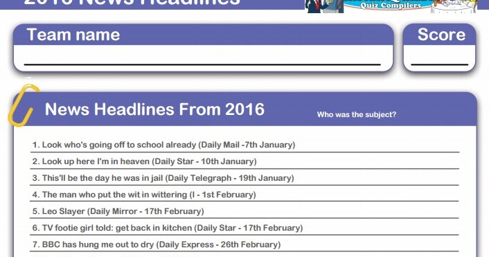 2016 Headline News Printable Quiz
