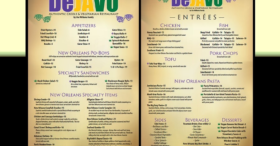 Cooking With Chef Gary: DeJavu Restaurant Menu