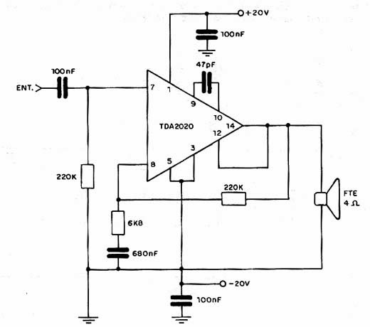 Circuitos Amplificadores : Circuito amplificador 20 W con TDA2020
