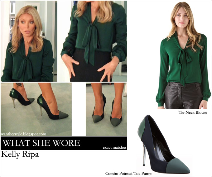 WHAT SHE WORE: Kelly Ripa in green tie-neck silk blouse and pointed ...
