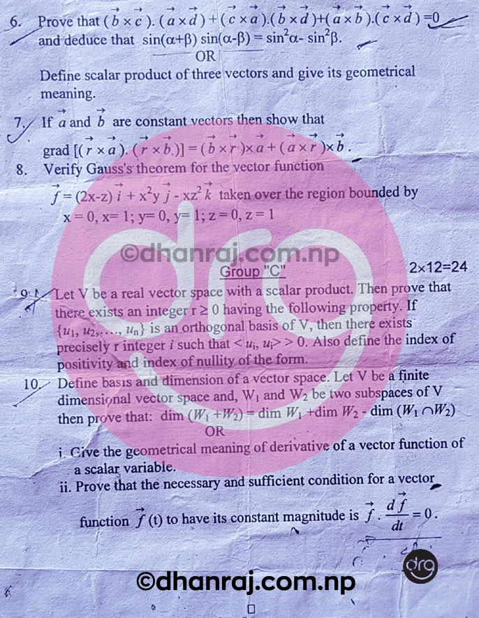 Linear Algebra and Vector Analysis (Math.Ed.445) Major | 2076 Question ...