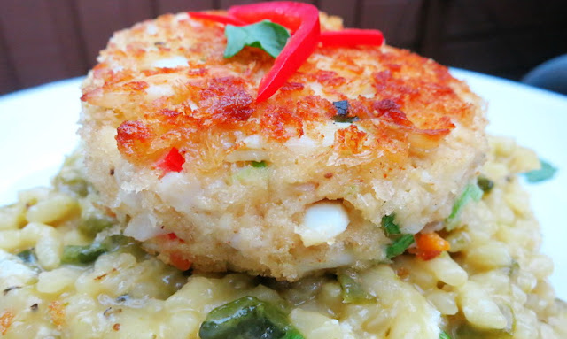 Gour-Maybe?: Spicy Crab Cakes with Hatch Chile/Poblano Risotto