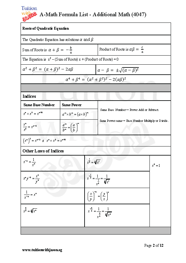 Additional Math (A-Math) And Math (E-Math) Formula Sheet for GCE O Levels