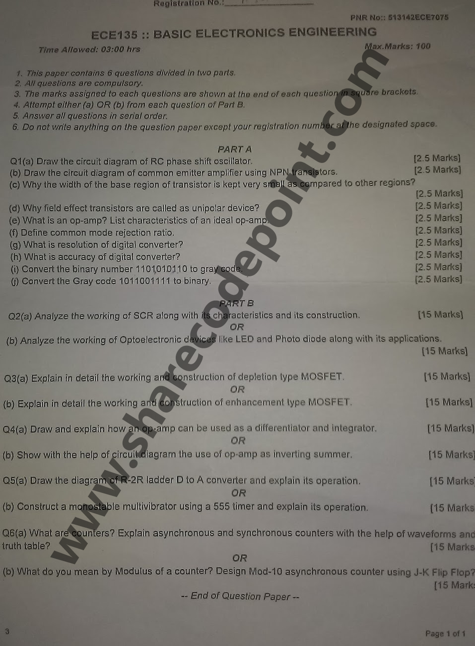 ECE135 : Basic Electronics Engineering End Term Exam Question Paper
