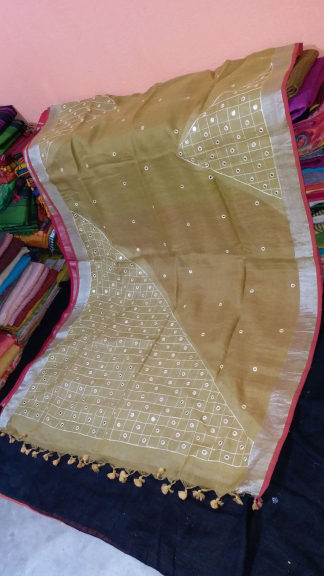 Linen Mirror Work Saree