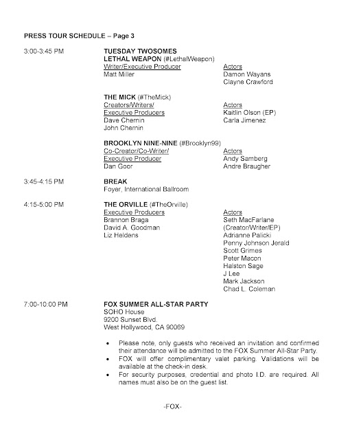 FOX 2017 TCA Summer Press Tour Schedule