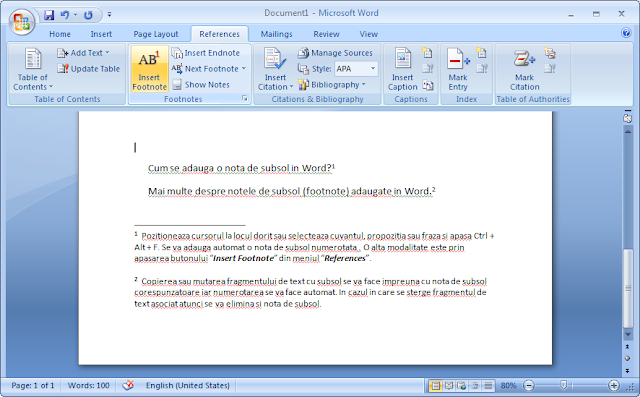 Cum se adauga o nota de subsol (footnote) in Word