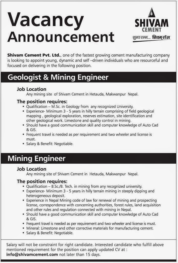 Geologist and Mining Engineer Job Vacancy @ Shivam Cement Pvt. Ltd ...