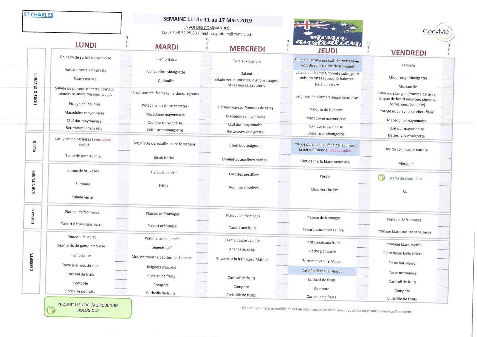 LA CROIX SAINT-MARCEAU: MENUS MOIS DE MARS