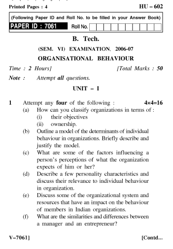 UPTU MBA Organizational Behavior 2006-07 Question Paper - University ...