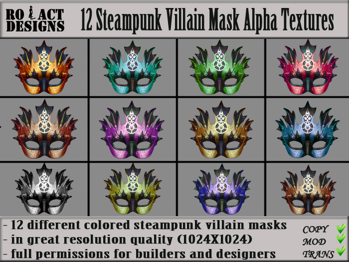 Ro!Act Designs: Ro!Act Designs 12 Steampunk Villain Mask Alpha Textures