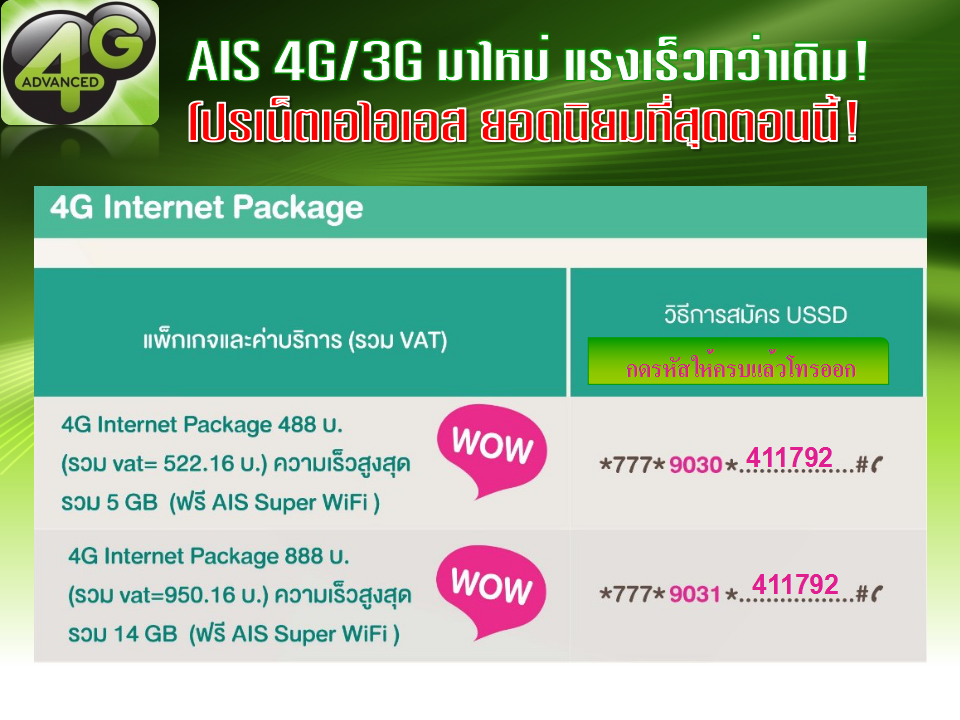 โปรเน็ต AIS วันทูคอล: AIS 4G Internet Package