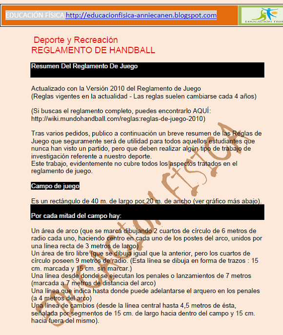 EDUCACIÓN FÍSICA : REGLAMENTO DE HANDBALL