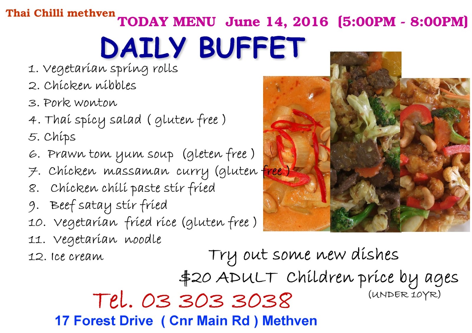 Thai Chilli Methven Restaurant: Buffet June 14,2016 Menu