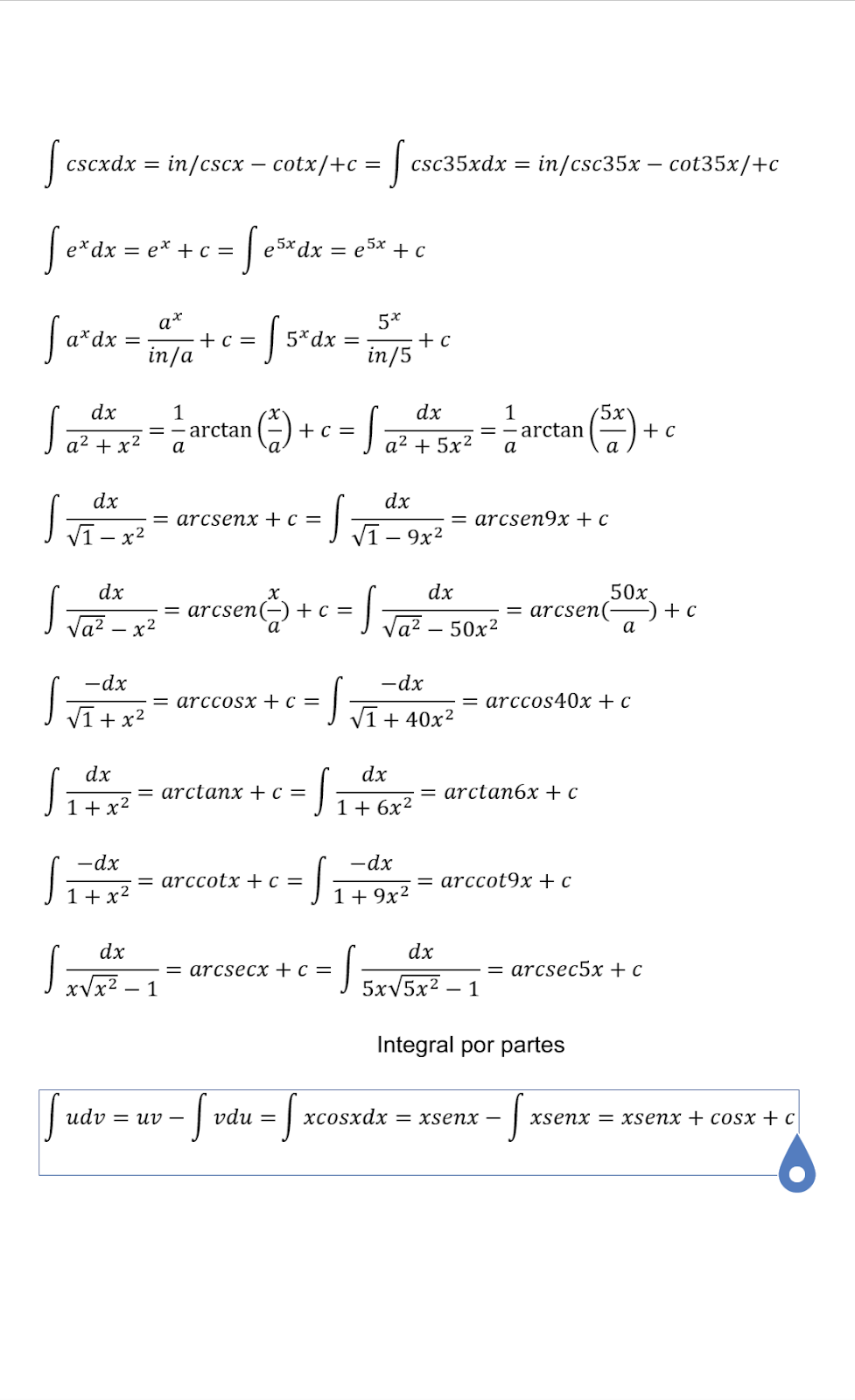 cálculo diferencial e integral : Fórmulas de derivadas e integrales